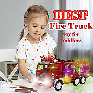 Toysery Fire Truck Toy, Realistic Fire Trucks Toddler Toys, Siren Head Toy with Vivid Lights, Bump and Go Red Fire Trucks for Kids,Fire Truck with Extending Fire Ladder - Cool Toys for Boys