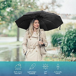 SIATELOO Umbrella For Rain- Portable Folding Windproof Umbrella Compact Automatic Open Umbrellas -46 Inch 10 Ribs UPF 50+ UV Protection black- Travel Essentials