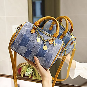 Mini Small Denim Purse Jean Purse Boston Barrel Bags Quilted Checkered Purse Top Handle Canvas Tote Bag Crossbody bags Satchel Handbag for Women,Blue