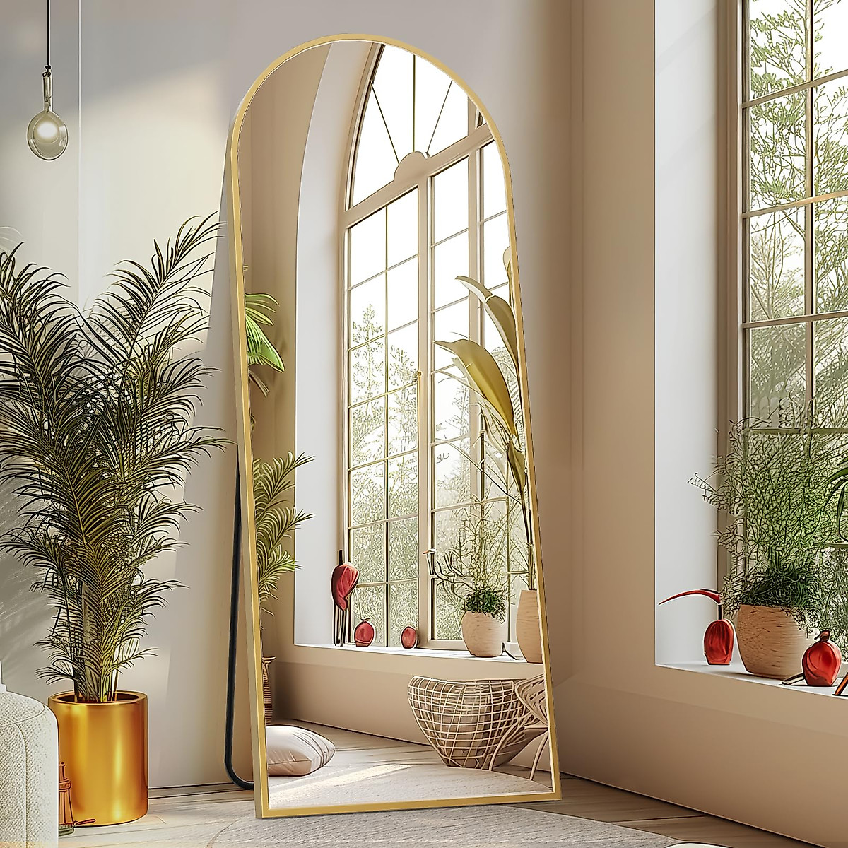 Sweetcrispy Arched Full Length Mirror 64"x21" Full Body Mirror Floor Mirror Standing Hanging or Leaning Wall, Large Arch Wall Mirror with Stand Aluminum Alloy Thin Frame for Bedroom Cloakroom,Gold