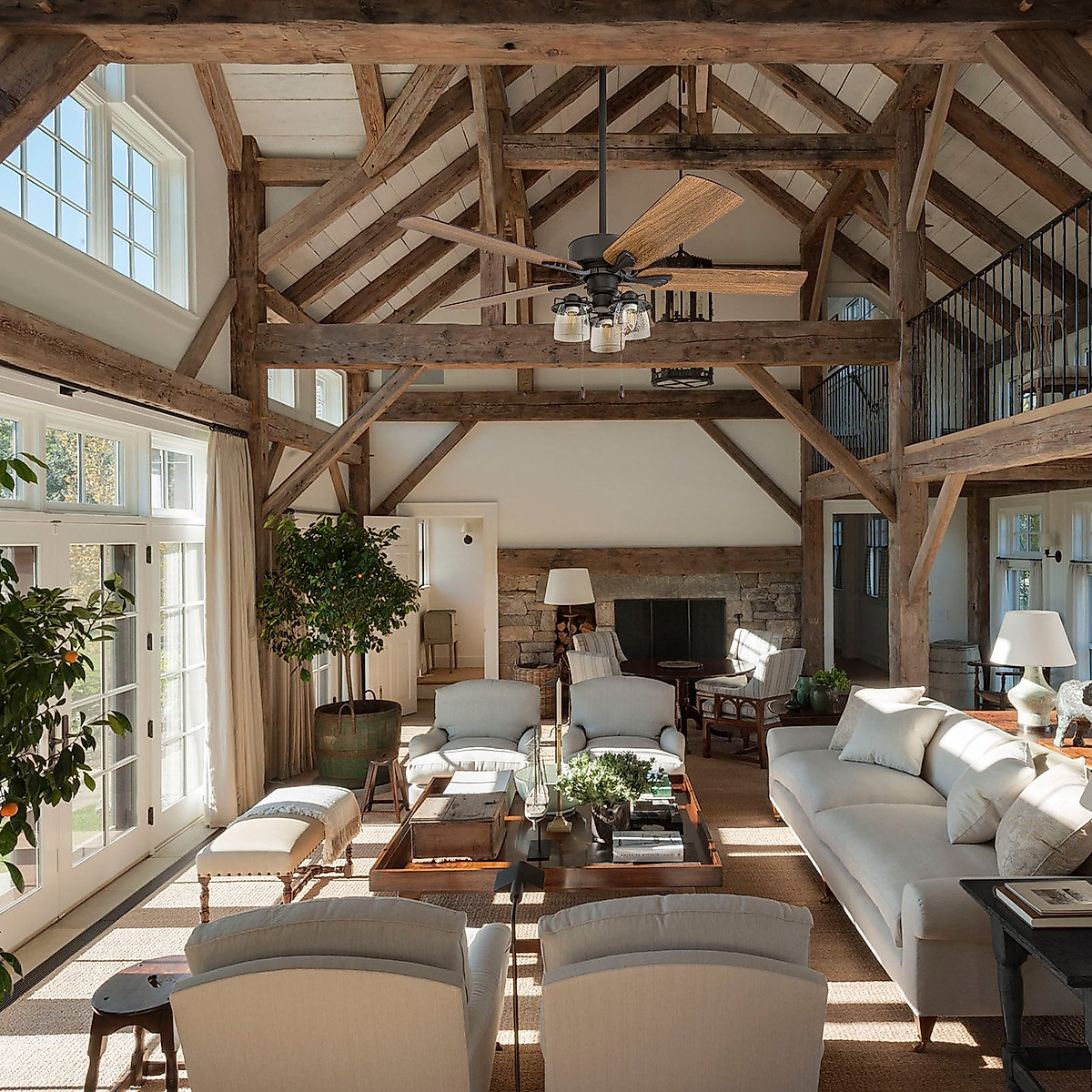 Prominence Home River Run, 52 Inch Farmhouse LED Ceiling Fan with Light, Pull Chain, Three Mounting Options, 5 Dual Finish Blades, Reversible Motor - 50566-01 (Bronze)