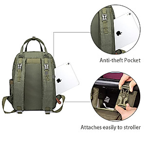 OUSIJOJO Diaper Bag Backpack, Green, with Changing Pad, 16.5x8x12 inches, Large Capacity, 18 Pockets, Waterproof, for Baby Girl Boy