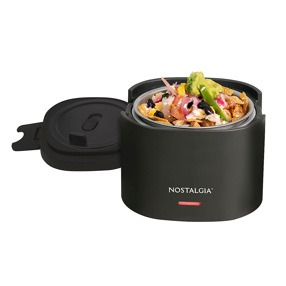 Nostalgia Portable 20-Ounce Electric Heated Lunch Box – Travel Size 2.5 Cup Capacity for Soup, Chili, and Leftovers – Leak Proof Silicone Sealed Lid, Foldable Carry Handle, Detachable Cord – Black