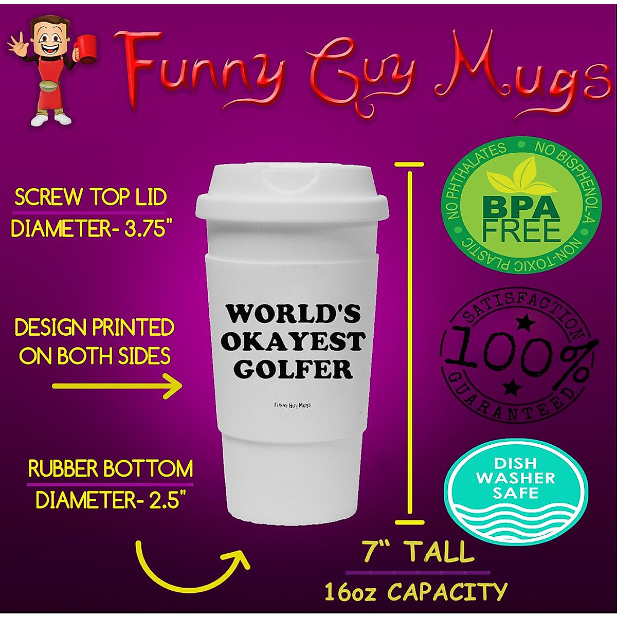 Funny Guy Mugs World's Okayest Golfer Travel Tumbler With Removable Insulated Silicone Sleeve, White, 16-Ounce
