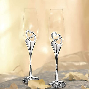 Wedding Champagne Glass Set Silver Toasting Flute Glasses Pack of 2 with Rhinestone Rimmed Hearts Decoration for Wedding, Anniversary and Special Occasions