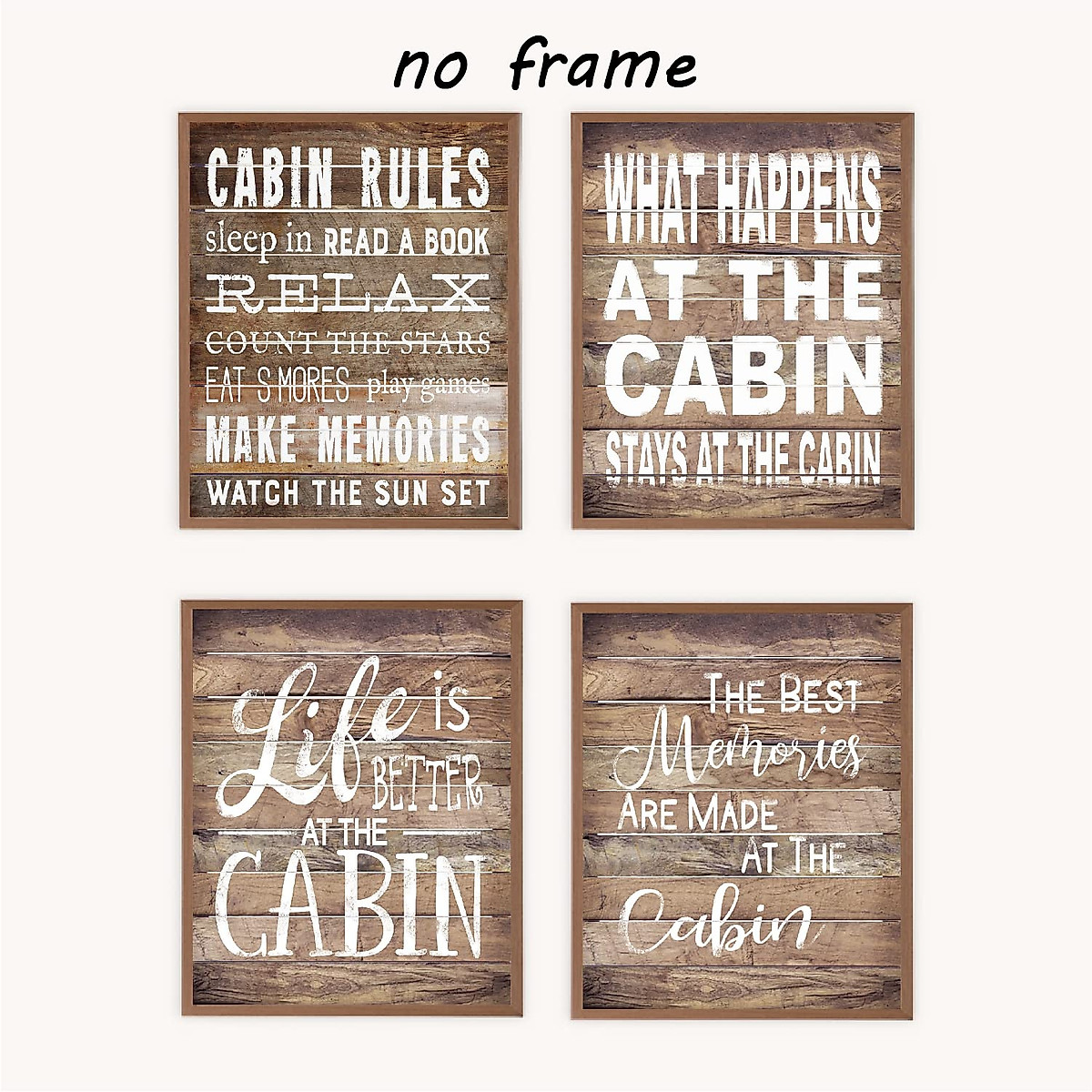 VNWEK Cabin Rules Life Is Better At The Cabin Wood Grain Wall Art Poster Prints Unframed 8”x10”Set Of 4,Cabin Themed Decorations for Home Cabin Front Porch Lake House Porch,Cabin Lovers Gifts