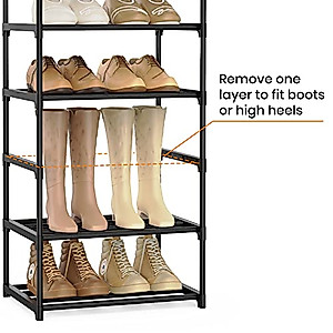 WEXCISE Narrow Shoe Rack 10 Tiers Tall Shoe Rack for Entryway 20-24 Pairs Shoe and Boots Organizer Storage Shelf Space Saving Large Shoe Tower Durable Black Metal Stackable Shoe Cabinet with Hooks