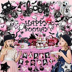 Halloween Birthday Party Decorations Pink and Black Happy Boo Day Halloween Theme Birthday Party Supplies 92 Pcs for Girl Including Backdrop, Tablecloth, Spider Bat Wall Stickers, Balloons