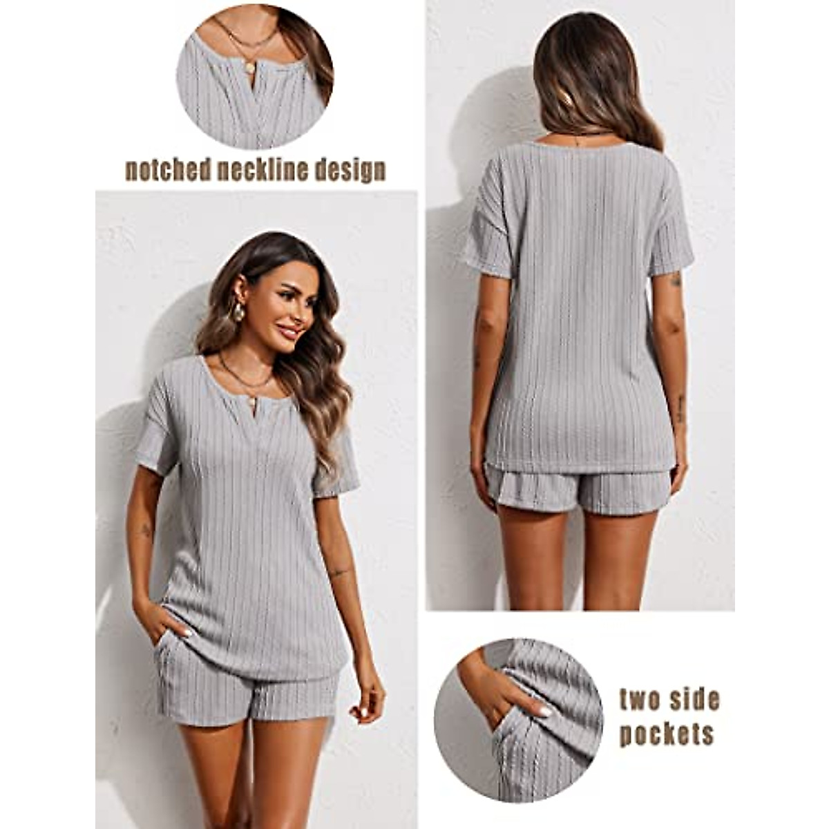 Ekouaer Ribbed Knit Lounge Sets for Women 2 Piece Outfits Short Sleeve Top and Shorts Pajama Sets Tracksuit Sweatsuits Grey