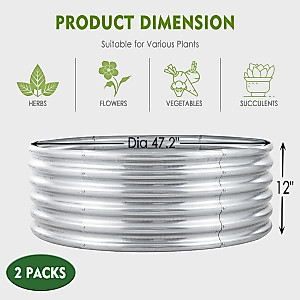 FORTUNO Round Galvanized Raised Garden Bed Kit Box 4 FT (2 Pack) Metal Outdoor Flower Bed Steel Patio Ground Planter for Planting Vegetables and Herb, Silver
