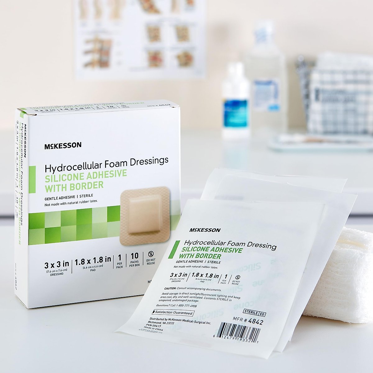 McKesson Hydrocellular Foam Dressings, Sterile, Silicone Adhesive with Border, Dimension 3 in x 3 in, Pad 1 4/5 in x 1 4/5 in, 10 Count, 1 Pack