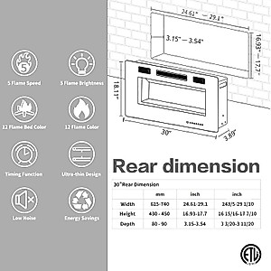 ZAFRO Electric Fireplace 30'' with Remote Control, Recessed Wall Mounted Electric Fireplace with Adjustable 12-Color Flame Brightness & Speed