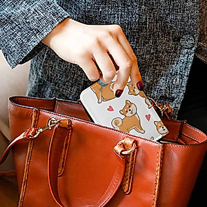 Funny Orange Shiba Inu Dogs in Different Poses on White Grey Credit Card Coin wallet, RFID Blocking Compact Women Leather Card Holder, Key Change Organizer, Zipper Purse Clutch Pouch