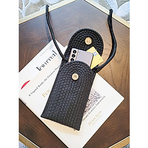 Woven Rattan Hand Crochet Crossbody Fabric bag (Cell Phone, Card Pocket) (Black)