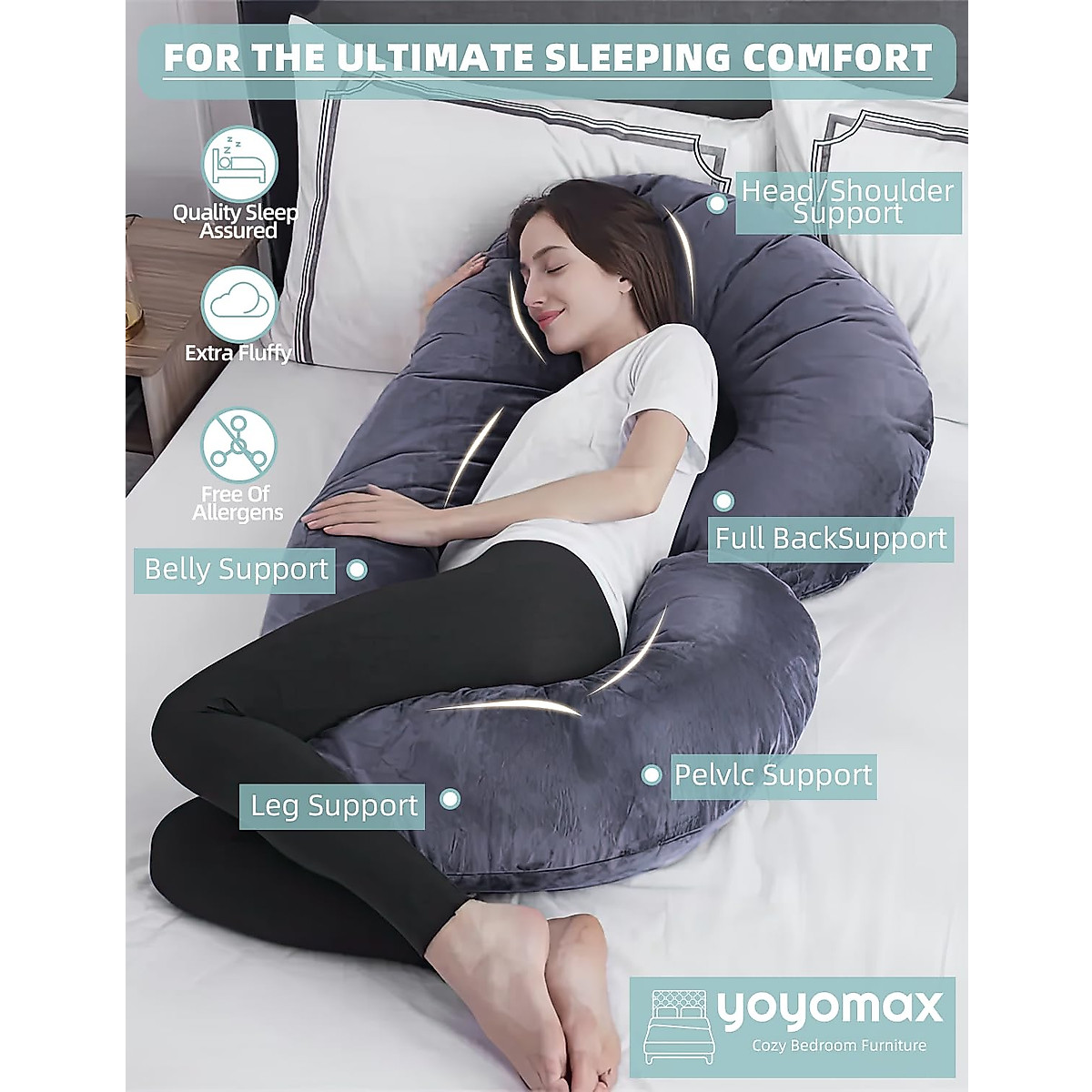 yoyomax Pregnancy Pillows, C Shaped Full Body Maternity Pillow Memory Foam Pregnancy Pillow with Removable Cover, 52 Inch Pregnancy Pillows for Sleeping (Grey)