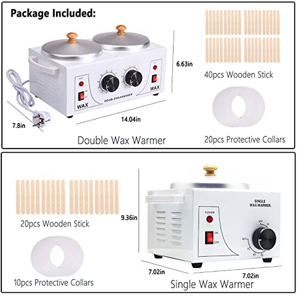 DAORDAER Wax Warmer Professional Electric Wax Heater Hair Removal Adjustable Temperature Machine Facial Skin Body Hair Removal Tool Salon Hot SPA Wax Pot with 40PCS Wood Sticks (Single-Wax Warmer)