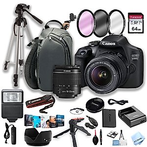 Canon EOS 2000D (Rebel T7) DSLR Camera w/EF-S 18-55mm F/3.5-5.6 Zoom Lens+ 64GB Memory + Flash + Sling Case + Steady Grip Pod + Tripod + Filters + Software + More (34pc Bundle)