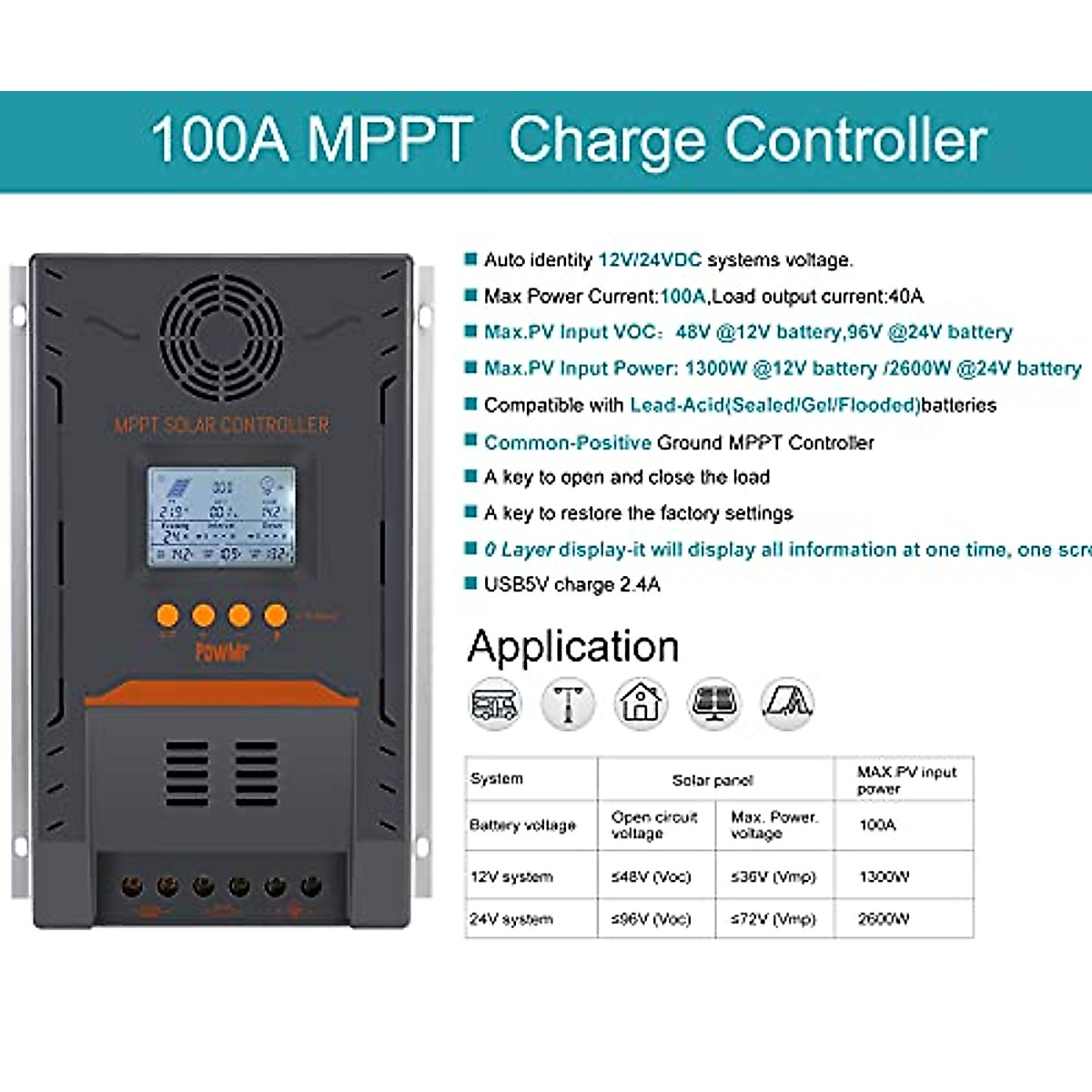 MPPT Solar Charge Controller 100 amp, 100A Solar Controller MPPT 12V/ 24V DC Auto Max 96V 2600W Input fit for 12V/24V AGM Gel Sealed Flooded Batteries