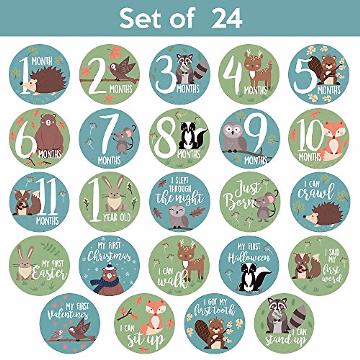 Baby Monthly Stickers | Woodland Creatures Baby Milestone Stickers | Newborn Boy or Girl Animal Stickers | Month Stickers for Baby Boy | Gender Neutral | Unisex Monthly Milestone Stickers (Set of 24)