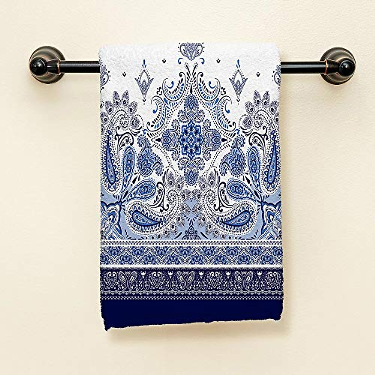 HGOD DESIGNS Paisley Hand Towels,Blue Horizontal Border with Paisley Pattern 100% Cotton Soft Bath Hand Towels for Bathroom Kitchen Hotel Spa Hand Towels 15"X30"