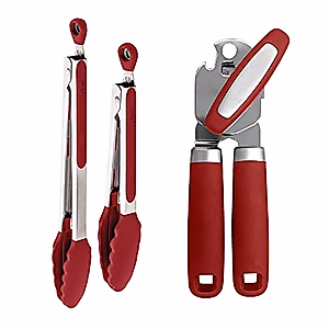 Gorilla Grip Silicone Tongs Set of 2 and Manual Can Opener, Silicone Tongs Are 9 and 12 Inch, Can Opener Includes Built in Bottle Opener, Both in Red Color, 2 Item Bundle