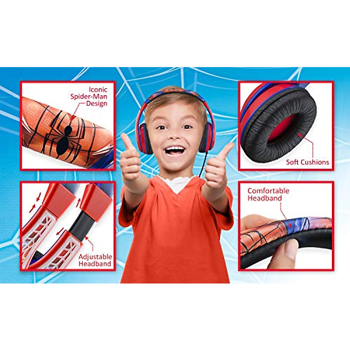 Spiderman Kids Headphones, Adjustable Headband, Stereo Sound, 3.5Mm Jack, Wired Headphones for Kids, Tangle-Free, Volume Control, Foldable, Childrens Headphones Over Ear for School Home, Travel