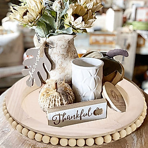 TOPZEA Wooden Beaded Tray, 12 Inch Wood Decorative Coffee Table Centerpiece Trays Farmhouse Decor Boho Bead Candle Holder Round Ottoman Tray for Kitchen Counter Living Room Home Bathroom Organizer