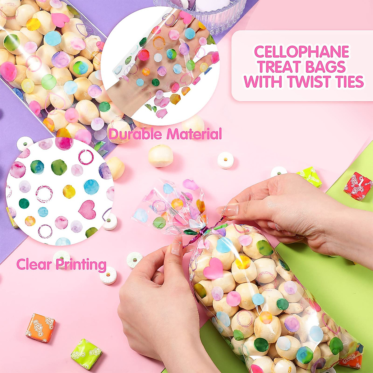 Harloon 100 Pieces Cellophane Treat Bags with Twist Ties, Watercolor Dots Cellophane Bags Plastic Treat Candy Bags for Birthdays Baby Shower Mothers Day Graduation Party Supplies