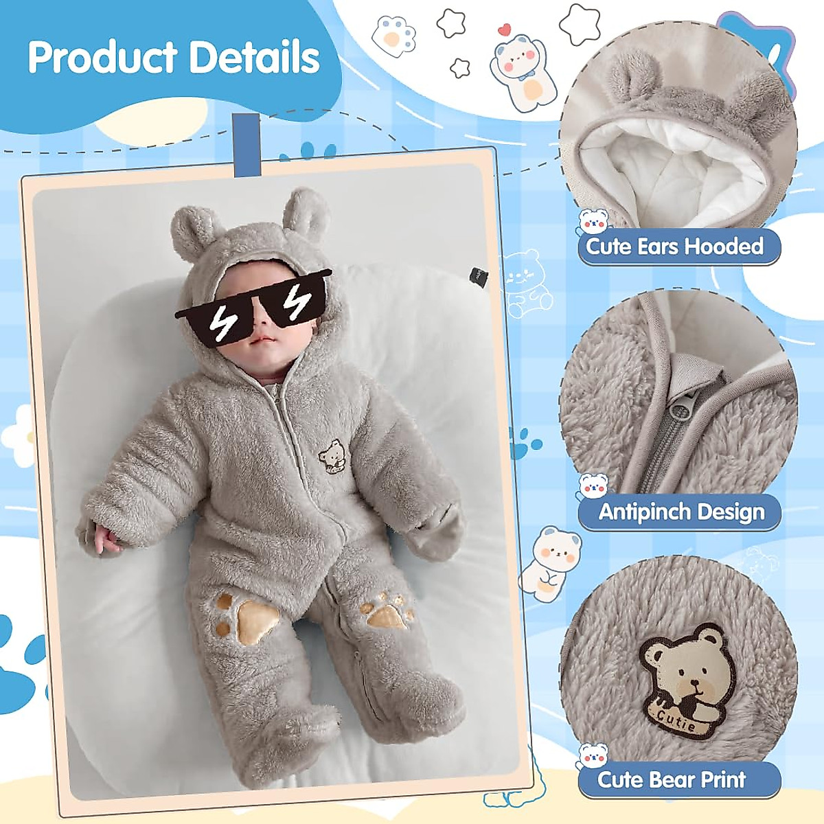 Fairy Baby Newborn Baby Winter Snowsuit Bear One-Piece Hooded Romper Footie Fleece Jumpsuit Infant Girl Boy Grey 3-6M