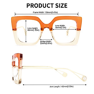 VOOGLAM Oversized Thick Square Blue Light Blocking Glasses for Women Orange Fashion Eyewear with Pearl Inlay Arm Anti Eyestrain UV Valarie