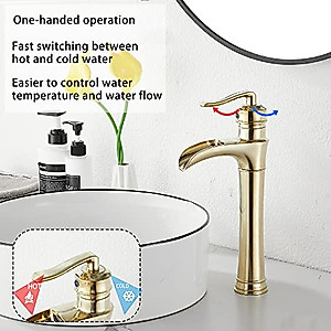Brushed Gold Bathroom Faucet GGStudy Waterfall Bathroom Faucet Single Handle One Hole Tall Body Farmhouse Bathroom Vessel Sink Faucet Vanity Faucet Matching with Pop Up Drain