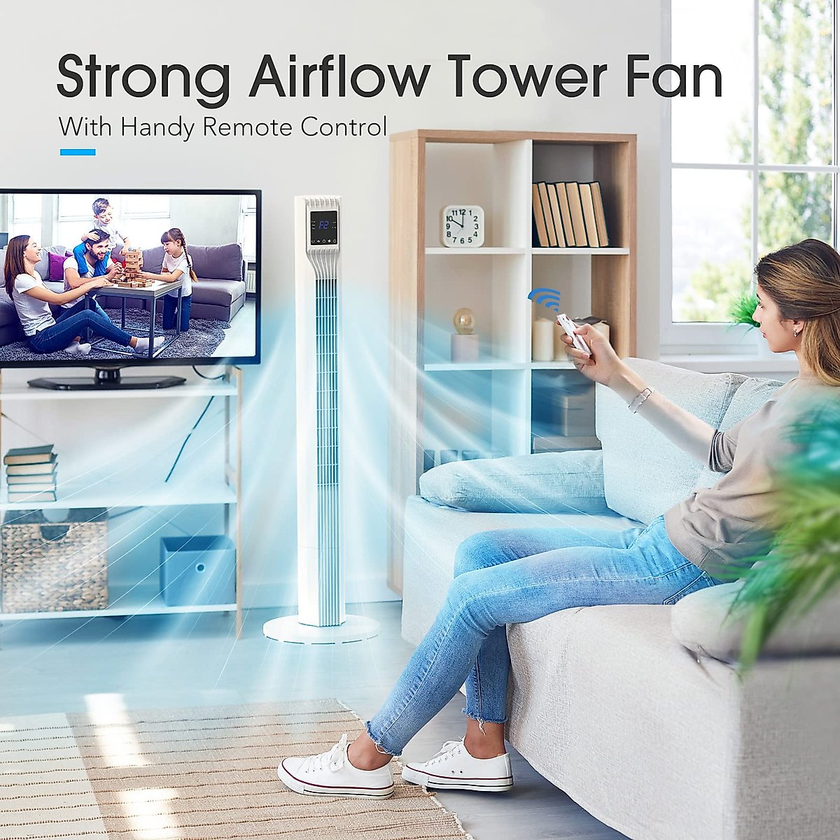 Tower Fan - 44’’ Oscillating Tower Fan with Remote Control, Quiet Bladeless Cooling Fan with 3 Modes, LED Display Stand Up Fan with 7.5h Timer, Indoor Standing Fan for Bedroom/Home Office Use