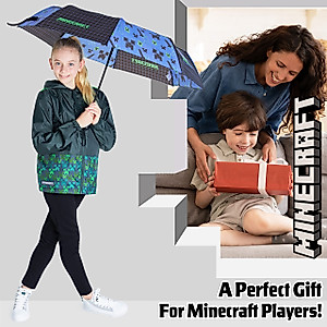Minecraft Kids Folding Umbrellas, Durable & Compact Umbrella, Windproof Travel Umbrella for Boys and Girls (Black/Blue)