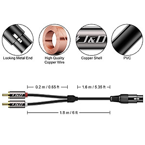 J&D XLR to 2 RCA Y Splitter Patch Cable, PVC Shelled Unbalanced Dual RCA Male to XLR Female Stereo Audio Interconnect Cable Adapter for Speaker Condenser Mic Mixer AMP, 6 Feet