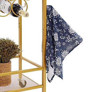 Bar Cart, 2-Tier Kitchen Cart with Wine Rack and Glass Holder, Gold Serving Cart with Wine Rack and Glass Holder, Rolling Serving Cart for Kitchen, Dining Room, Club, Bar, Living Room, Party, Gold