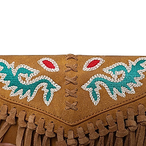 Montana West Handcrafted Leather 4 in 1 Bundle Clutch Crossbody Biker Bag w Fringe & Coin Key Fob (Tan with Antiqued Concho)