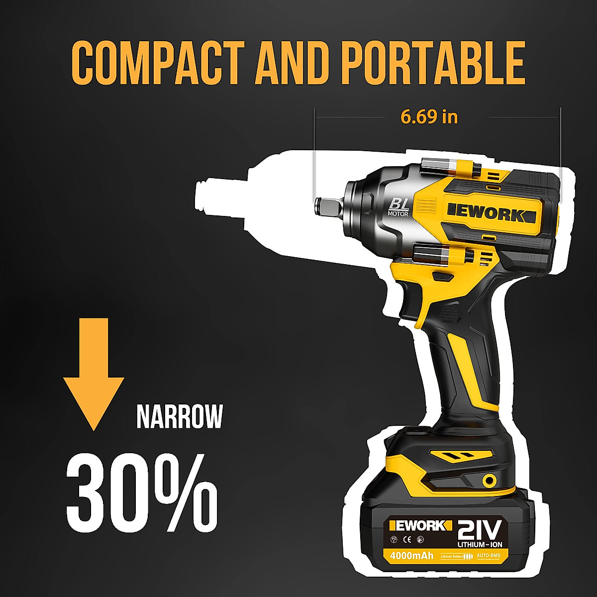 EWORK Cordless Impact Wrench 1/2 inch 21V Brushless High Torque Impact Gun Max 700 Ft-lbs Power with 4.0Ah Li-ion Battery, Fast Charger, 5 Sockets, Tool Bag (RB-810)