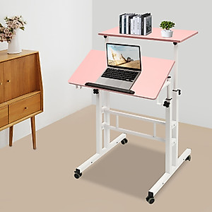 LEYSRIS Mobile Standing Desk Stand up Computer Desk Workstation with Universal Wheels, Adjustable Height Dual Desktop Tilting Panel Rolling Computer Cart with 2 USB Interfaces and 2 Sockets (Pink)