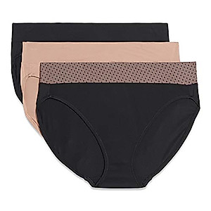 Warner's womens Blissful Benefits Dig-free Comfort Waistband Microfiber Hi-cut 3-pack 5138w Underwear, Black/Toasted Almond/Black With Lace Dot Print Waistband, XX-Large US
