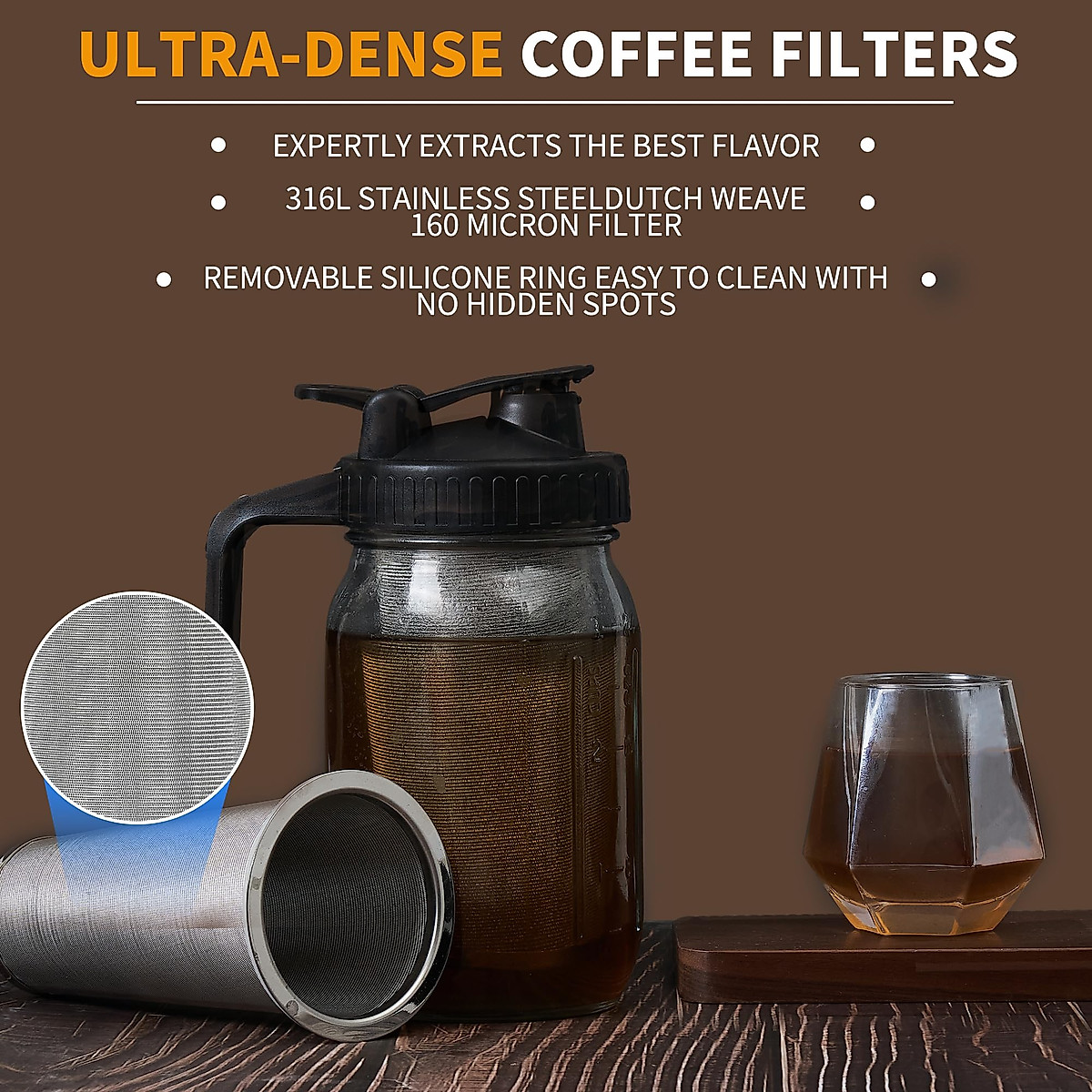 PIZVOXCold Brew Coffee Maker Pitcher, 32 oz Thick Glass Mason Jar Spout Lid with Handle & Stainless Steel Filter for Iced Brew Coffee, Ice Lemonade, Sun Tea, Fruit Drinks Container