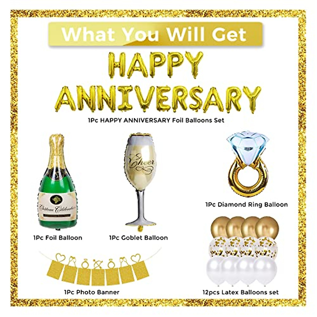 Happy Anniversary Decorations Happy Anniversary Banner Happy Anniversary Balloons 1th, 20th, 30th, 40th, 50th, 60th Anniversary Decorations for Party Romantic Wedding Marriage Anniversary Backdrop