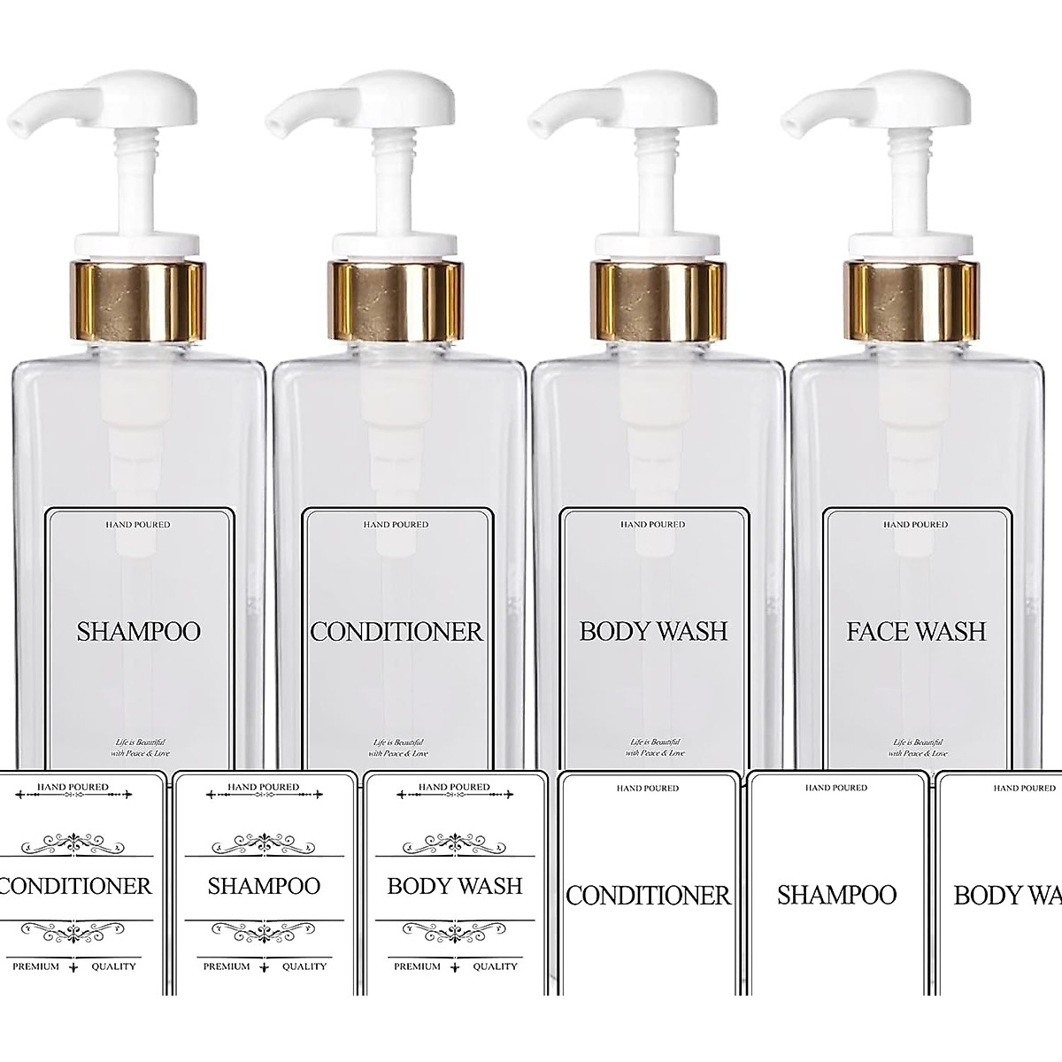 White Opaque Bottle with Gold White Head Empty Plastic Pump Bottles Square Shampoo Bottle Conditioner Soap Lotion Refillable, BPA Free for Body Wash, Moisturizer, Liquid Hand Soap, Set of 3