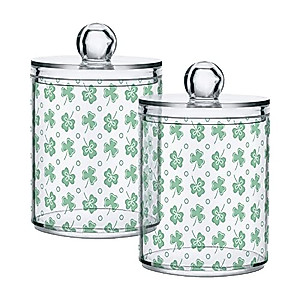 Kigai 2 Pack Apothecary Jars Saint Patrick's Day Clover Qtip Holder Organizer Clear Airtight Container for Cotton Swabs Food Storage 14oz Plastic Jars with Lids