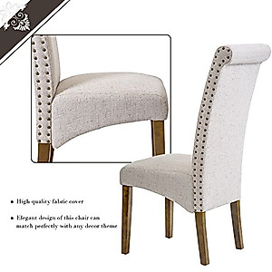Merax Dining Chair Set of 2 Fabric Padded Side Chair with Solid Wood Legs, Nailed Trim(Beige)