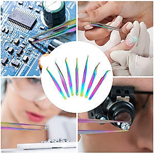 Eyelash Extension Tweezers Set, Fangze 7 Pcs Lash Kit Rainbow Stainless Steel Straight and Curved Tweezer for Nail Art Ingrown Hair Craft