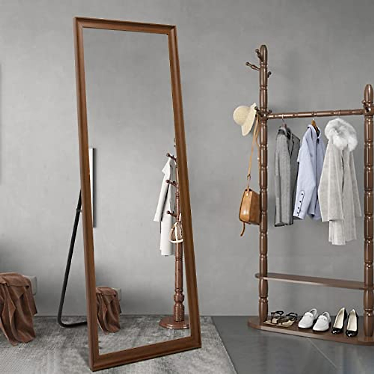 TheiaMo Full Length Mirror Wood Frame, 65×22in Floor Mirror Full Body Mirror with Standing Holder Hanging Wall Mirror, Stand Large HD Mirror, Dressing Mirror for Bedroom/Living Room, Walnut