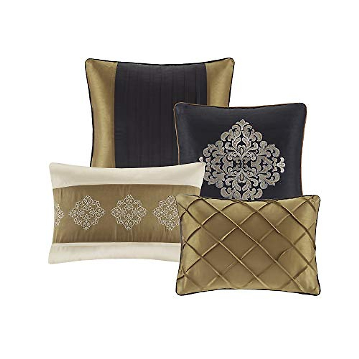 Madison Park Essentials Windsor 24-Piece Room in A Bag Comforter Set-Satin Jacquard All Season Luxury Bedding, Sheets, Decorative Pillows and Curtains, Valance, Queen (90 in x 90 in), Black/Gold