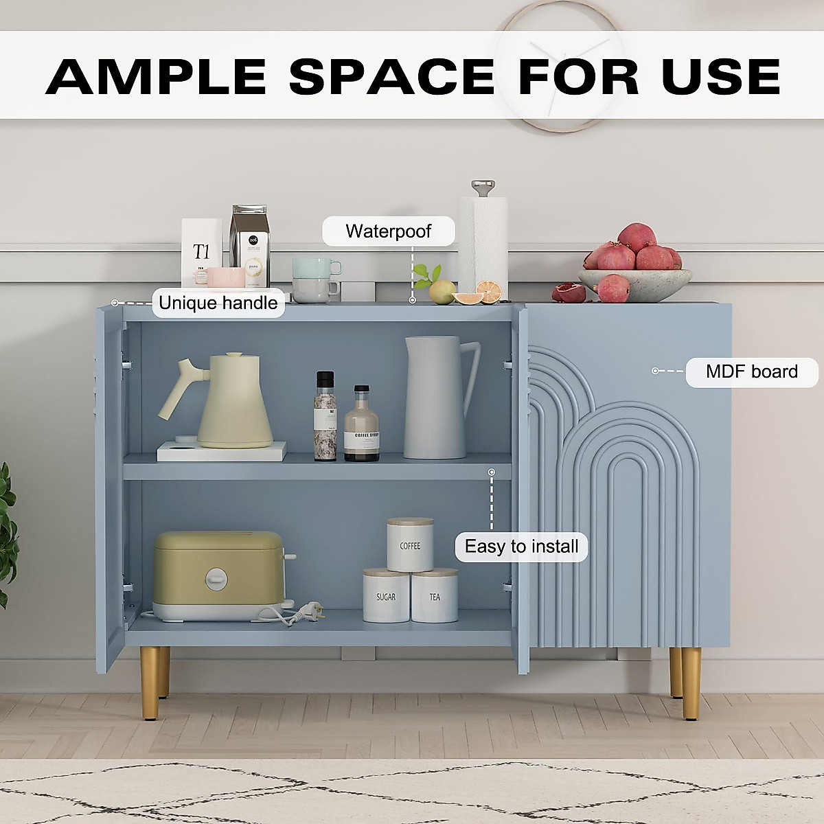 HLR Buffet Cabinet with Storage and 3 Doors, 47" Modern Wood Accent Storage Cabinet with Relief Patterned Doors, Sideboard Cabinet Credenzas for Living Room, Dining Room, Kitchen, Entryway, Blue