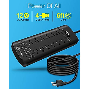 Power Strip, Witeem Surge Protector with 12-Outlet (1875W/15A, 4360Joules) and 4 USB Charging Ports (5V/6A, 30W), 6Ft Extension Cord, Wall Mountable Overload Protection Outlet for Home & Office, Black