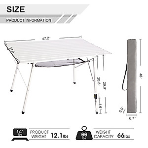 PORTAL Portable Camping Table Aluminum Folding Camp Table Roll Up Table with 1 Adjustable Leg, Mesh Layer and Carry Bag for Outdoor, Picnic, Grill, Kitchen, Silver, Large Space (47.2 x 27.6 inch)